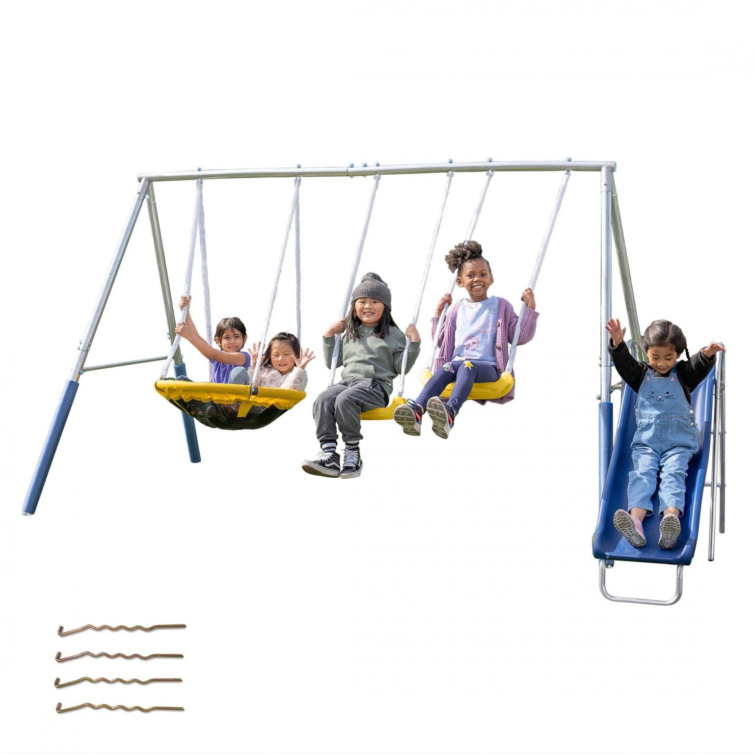 TSC Reese Galvanized Metal Swing Set with 2 Swing Seats, 5-ft Blow-Molded Slide & Bonus 4-Pc ...